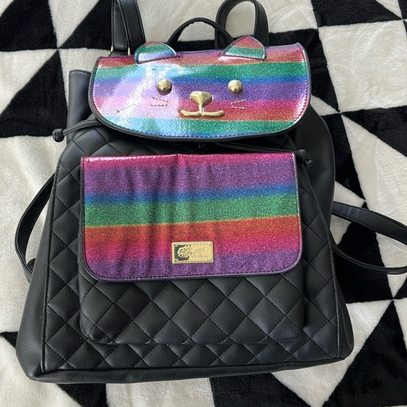 Betsey Johnson | Bags | Betsey Johnson Black Rainbow Cat Backpack ...